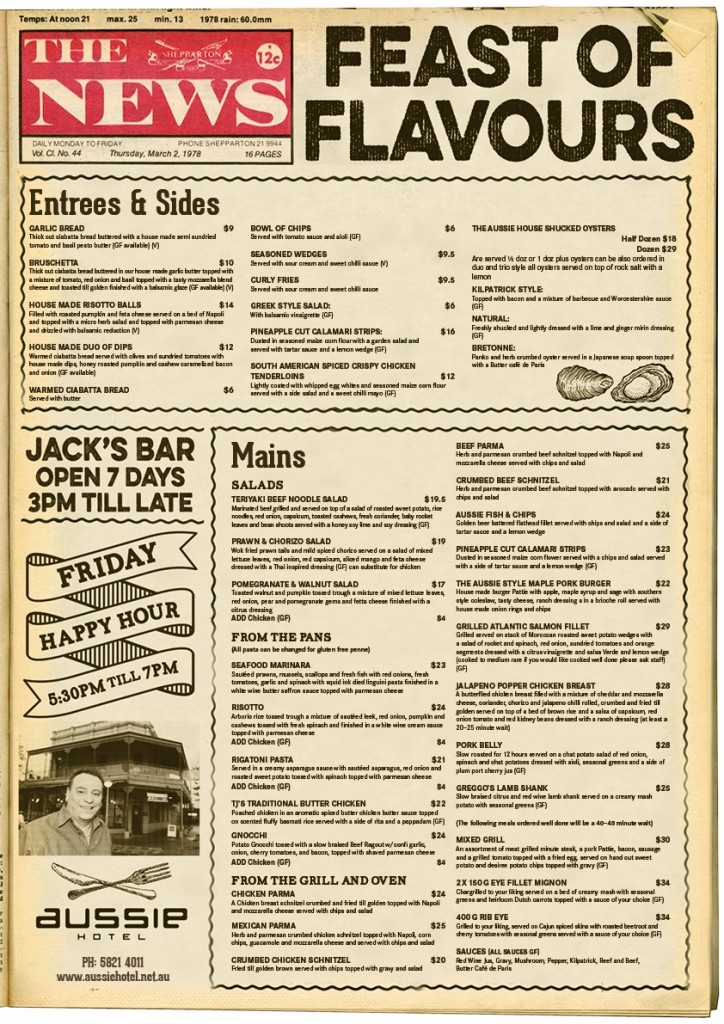 All New Menus have finally arrived! - Aussie Hotel